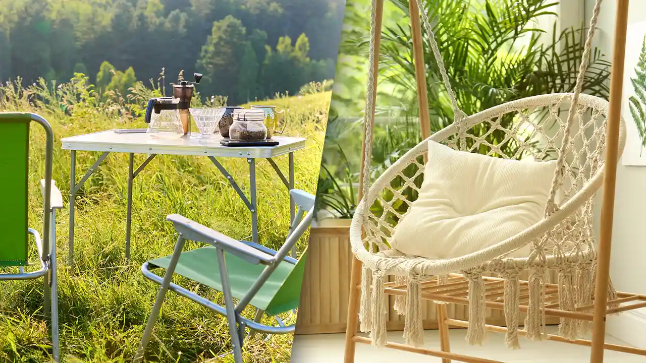 Masă pliabilă de camping și hamac tip scaun – Confort în aer liber